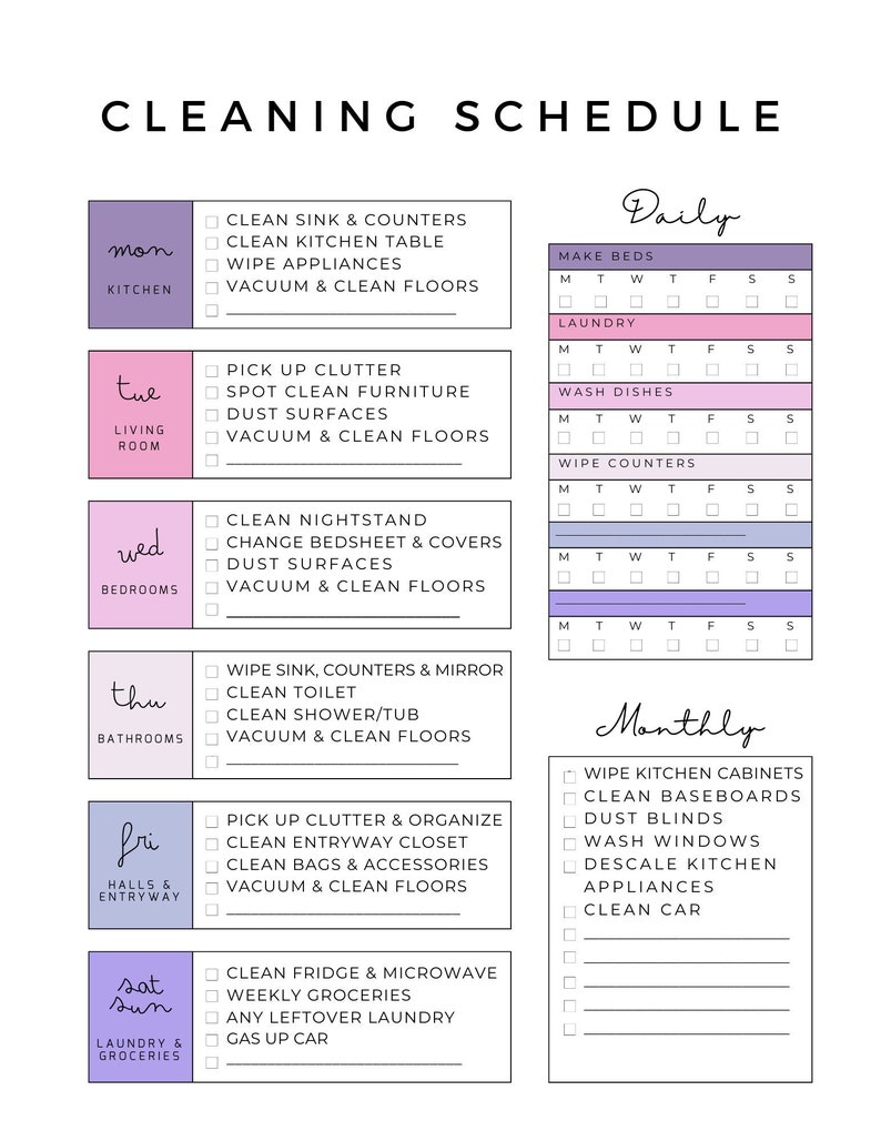 Printable Cleaning Schedule, Instant Download, Organizational Cleaning ...