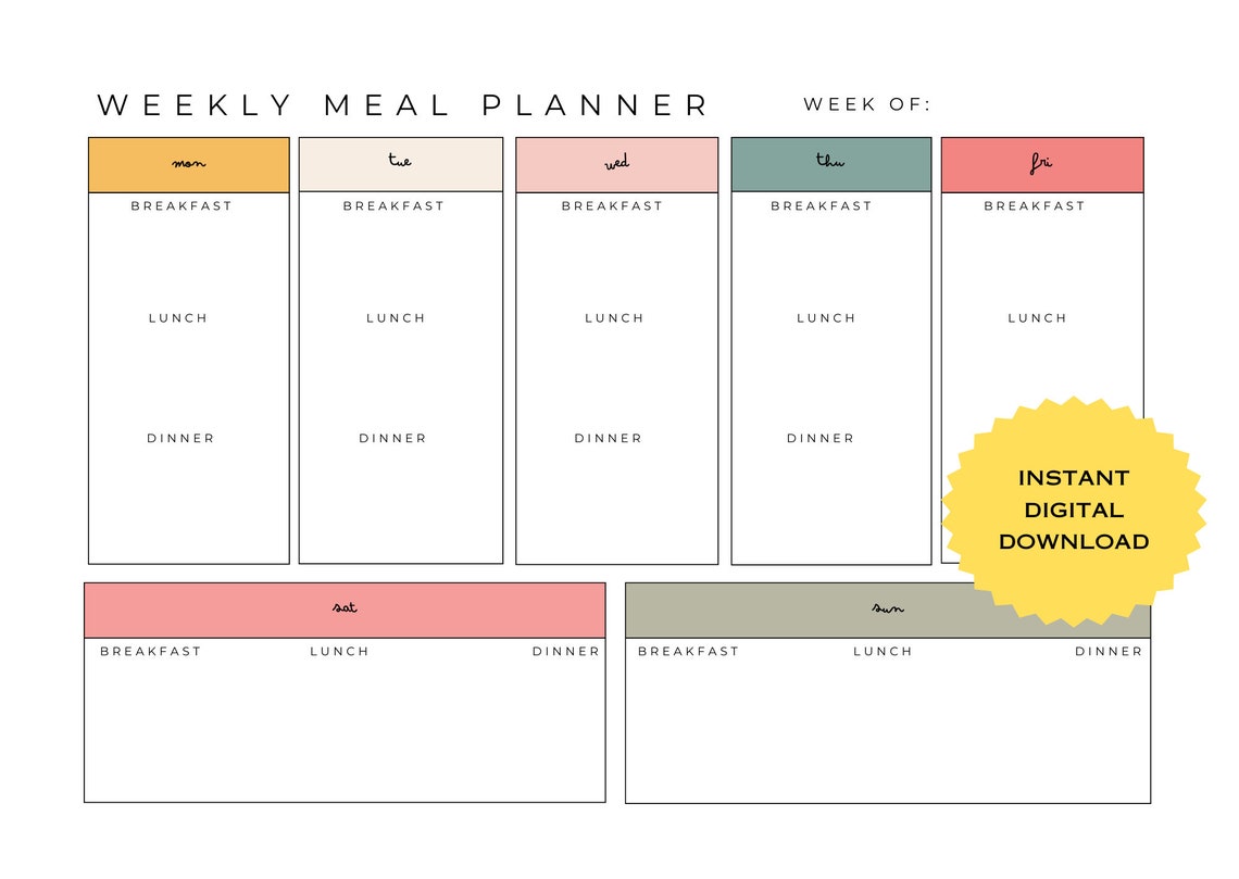 Landscape Printable Digital Meal Planner, Colorful Weekly Meal Planner ...