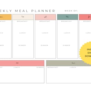 Landscape Printable Digital Meal Planner, Colorful Weekly Meal Planner ...