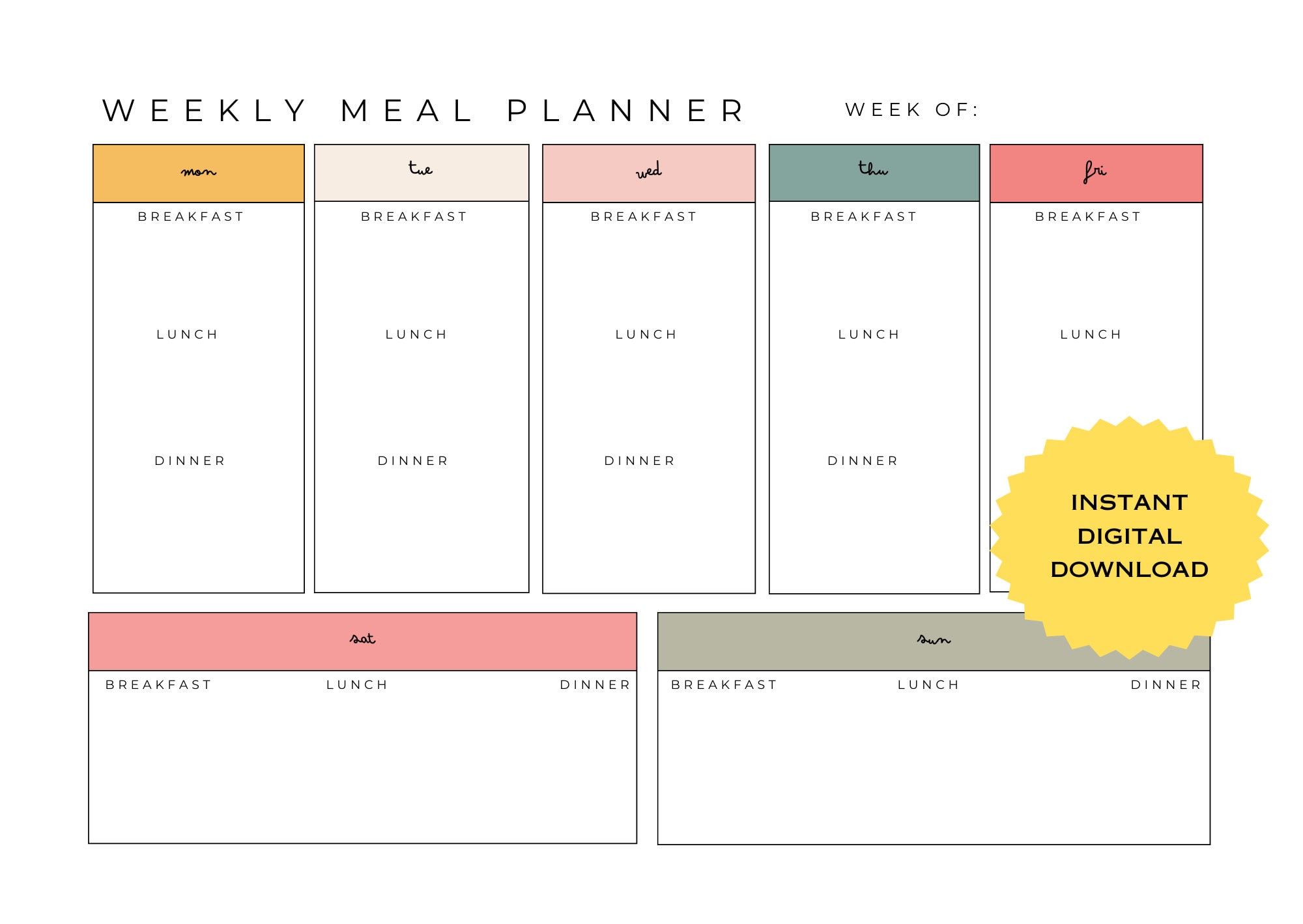 Landscape Printable Digital Meal Planner, Colorful Weekly Meal Planner ...