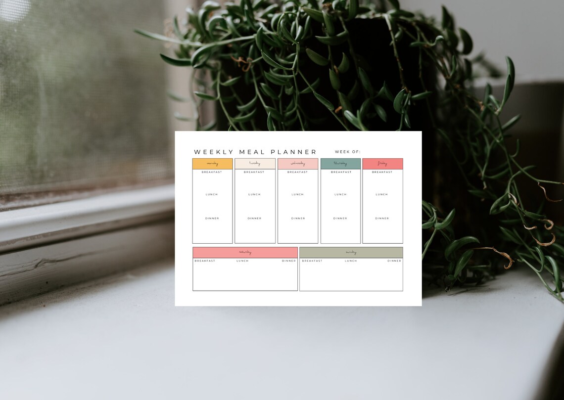Landscape Printable Digital Meal Planner, Colorful Weekly Meal Planner ...