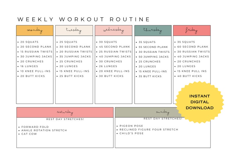 Editable Weekly Workout Routine, 7 Days Fitness Planner, Exercise ...