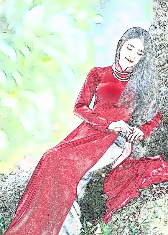 Woman in Red Art Drawing Portrait Wall Art Home Decor - Etsy