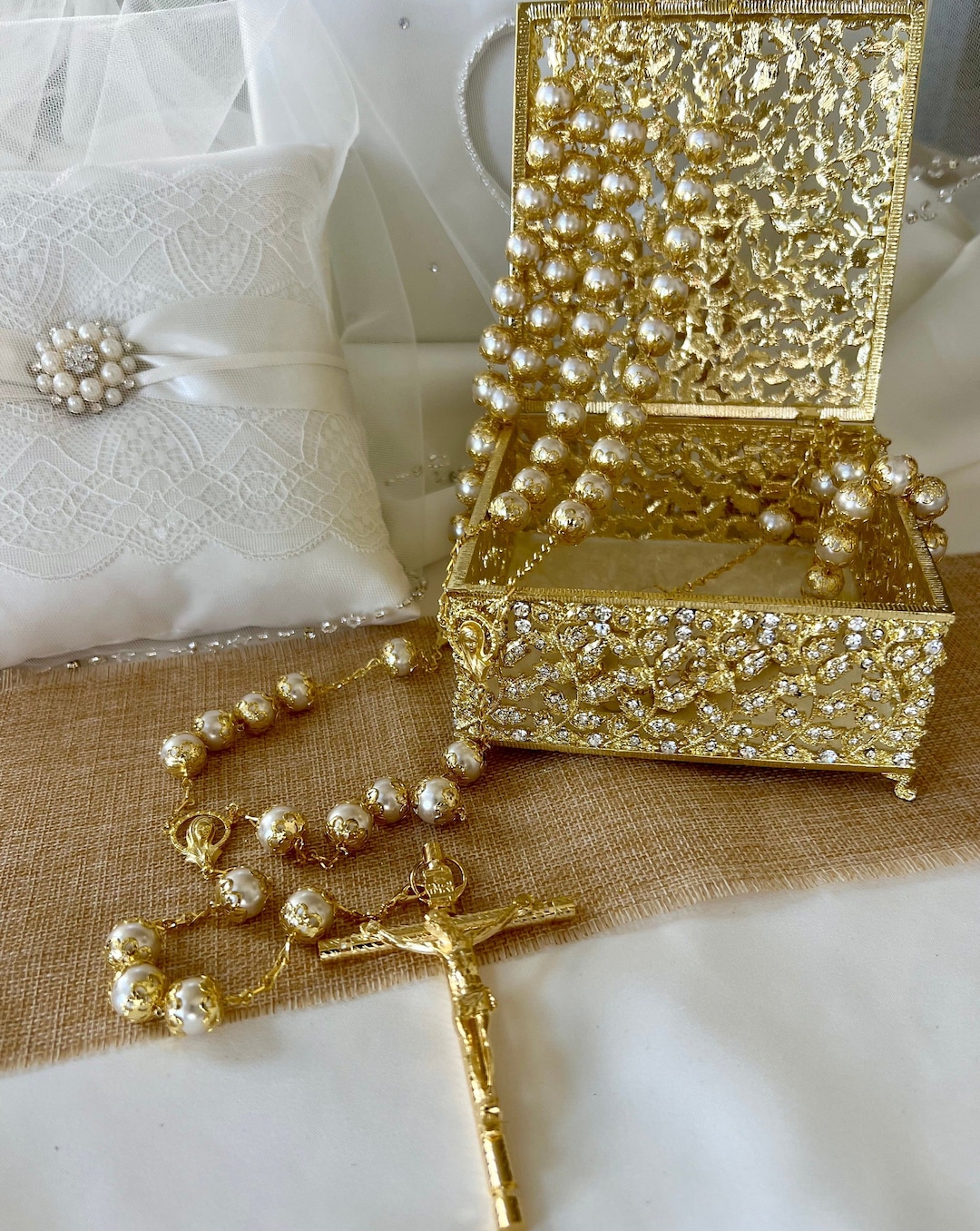 Wedding Lasso With Box, Pearl Gold Chain Wedding Lasso in Elegant ...