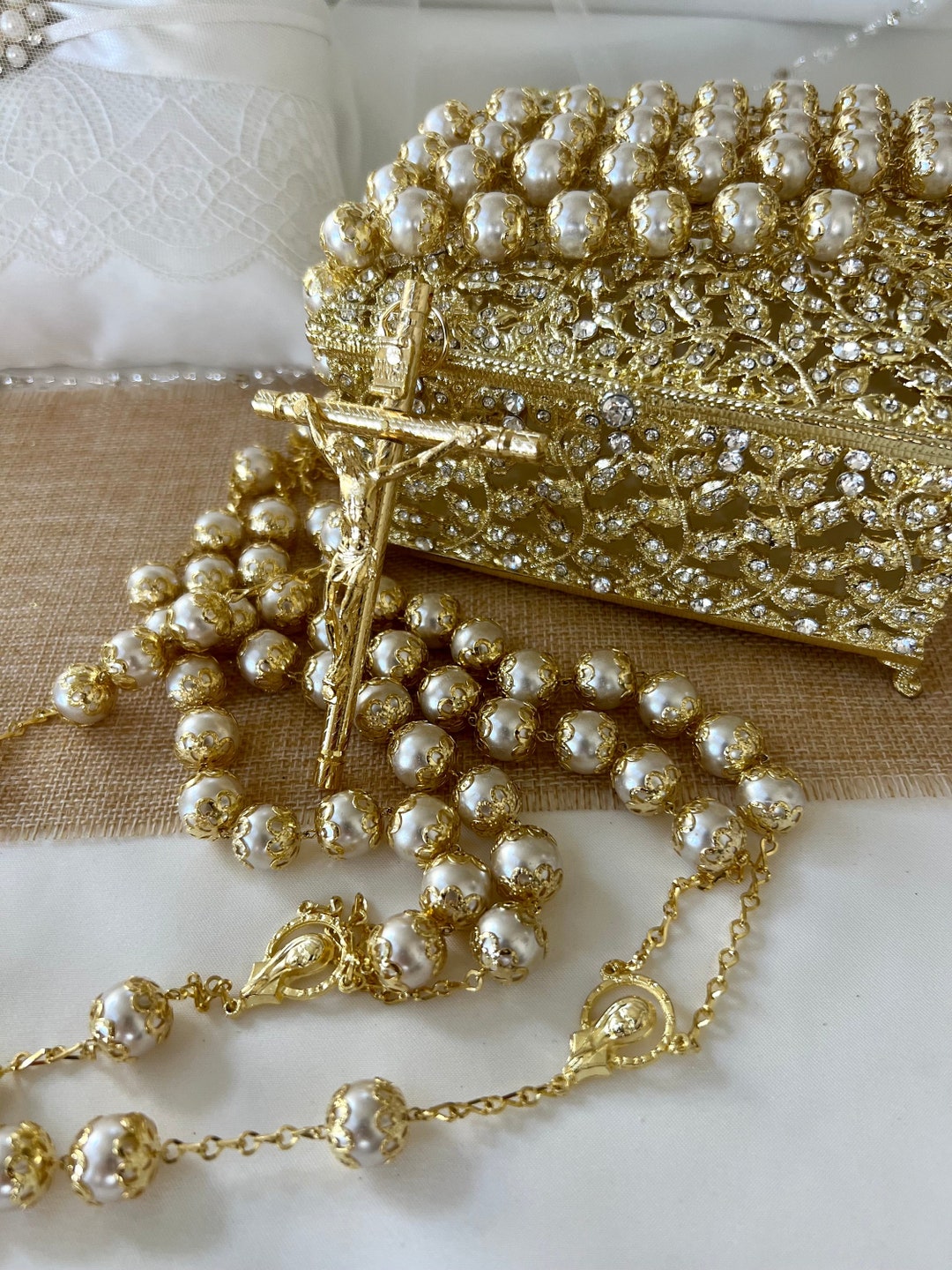 Wedding Lasso With Box, Pearl Gold Chain Wedding Lasso in Elegant ...