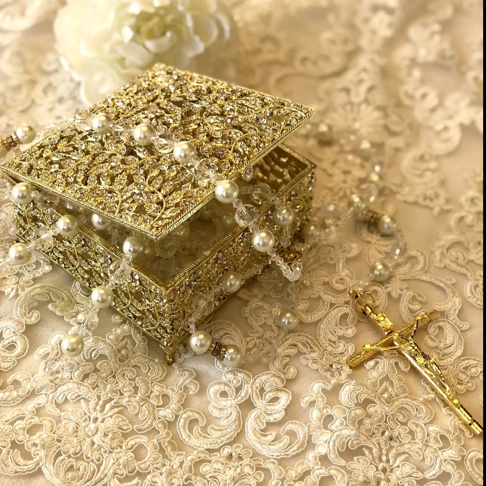Wedding Lasso With Box, Ivory Pearl and Crystal Bead Lazo by Lucky ...