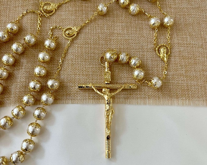 Wedding Lasso Rosary With Cross , Ivory Pearl Gold Chain Wedding Lasso ...