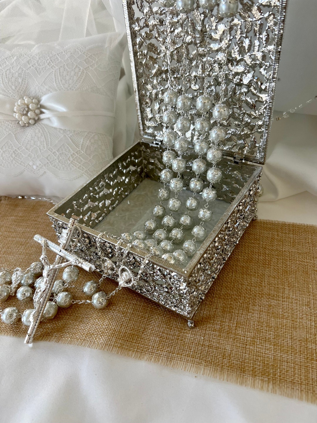 Wedding Lasso With Lasso Box, White Pearl Silver Chain Wedding Lasso ...