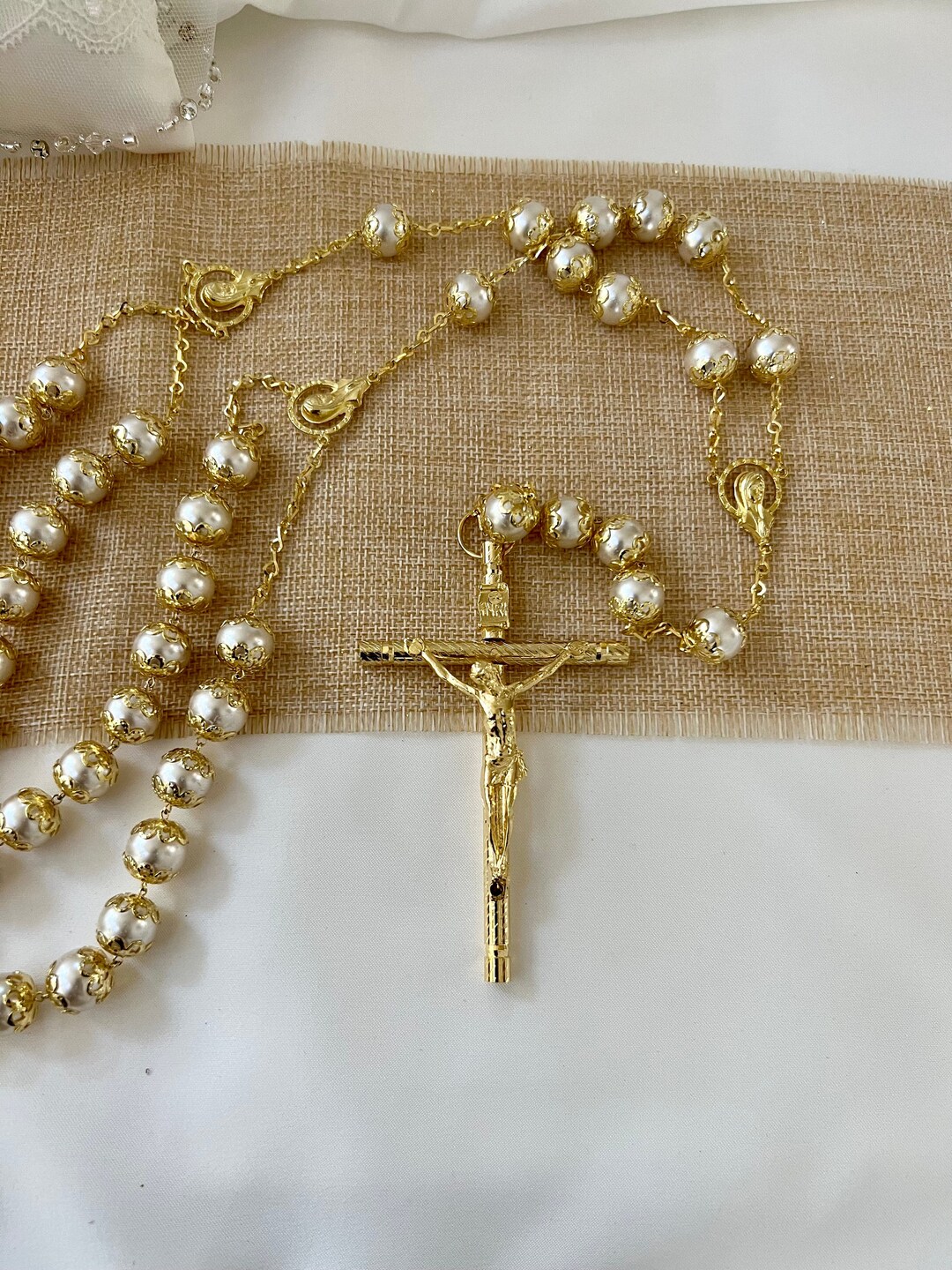 Wedding Lasso Rosary With Cross , Ivory Pearl Gold Chain Wedding Lasso ...