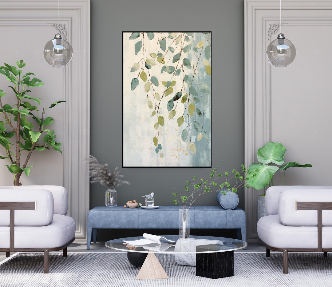 Hand Painted Tree Branch Oil Painting: Abstract Green & Blue Wall Decor ...