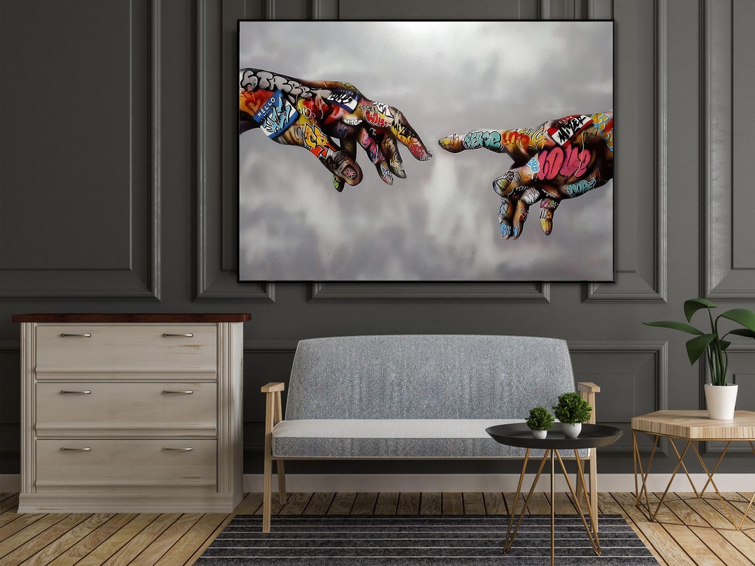 Hand Painted Creation of Adam Graffiti Pop Art - Original Oil Painting ...