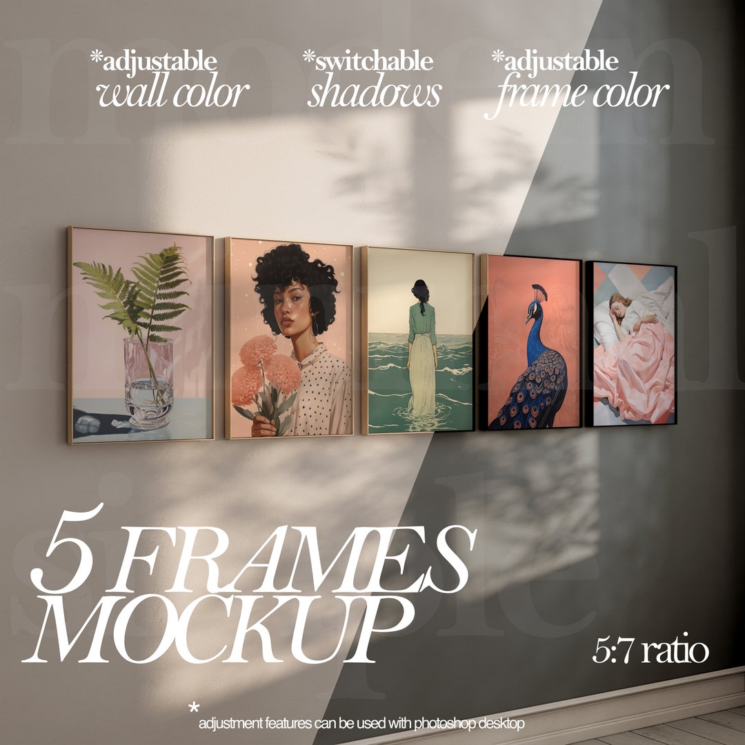 5 Frames Editable Mockup, Set of 5 Gallery Wall Mockup, Clear Simple ...