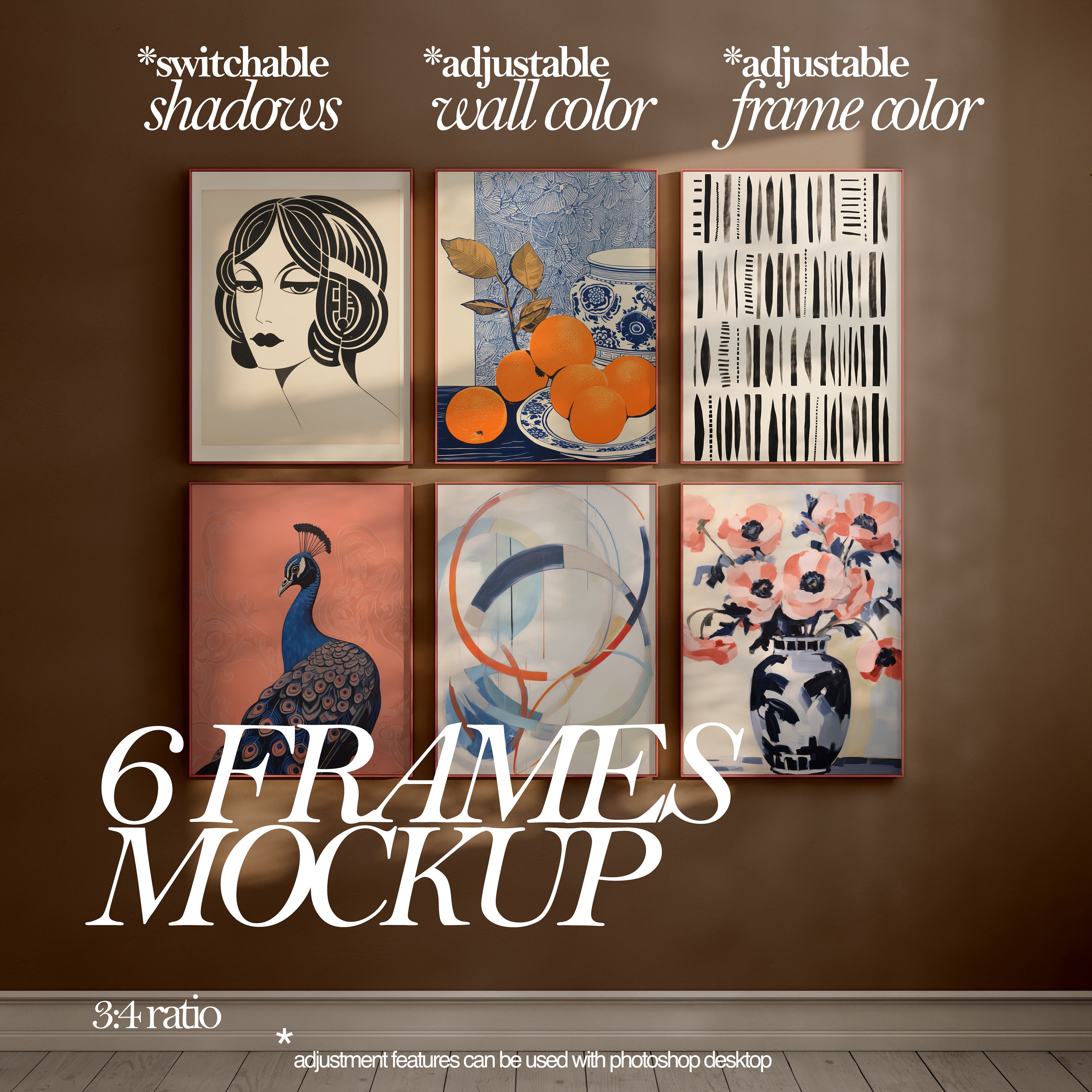 6 Frames Mockup, Gallery Wall Mockup, Wall Frame Color Adjustable Mock ...
