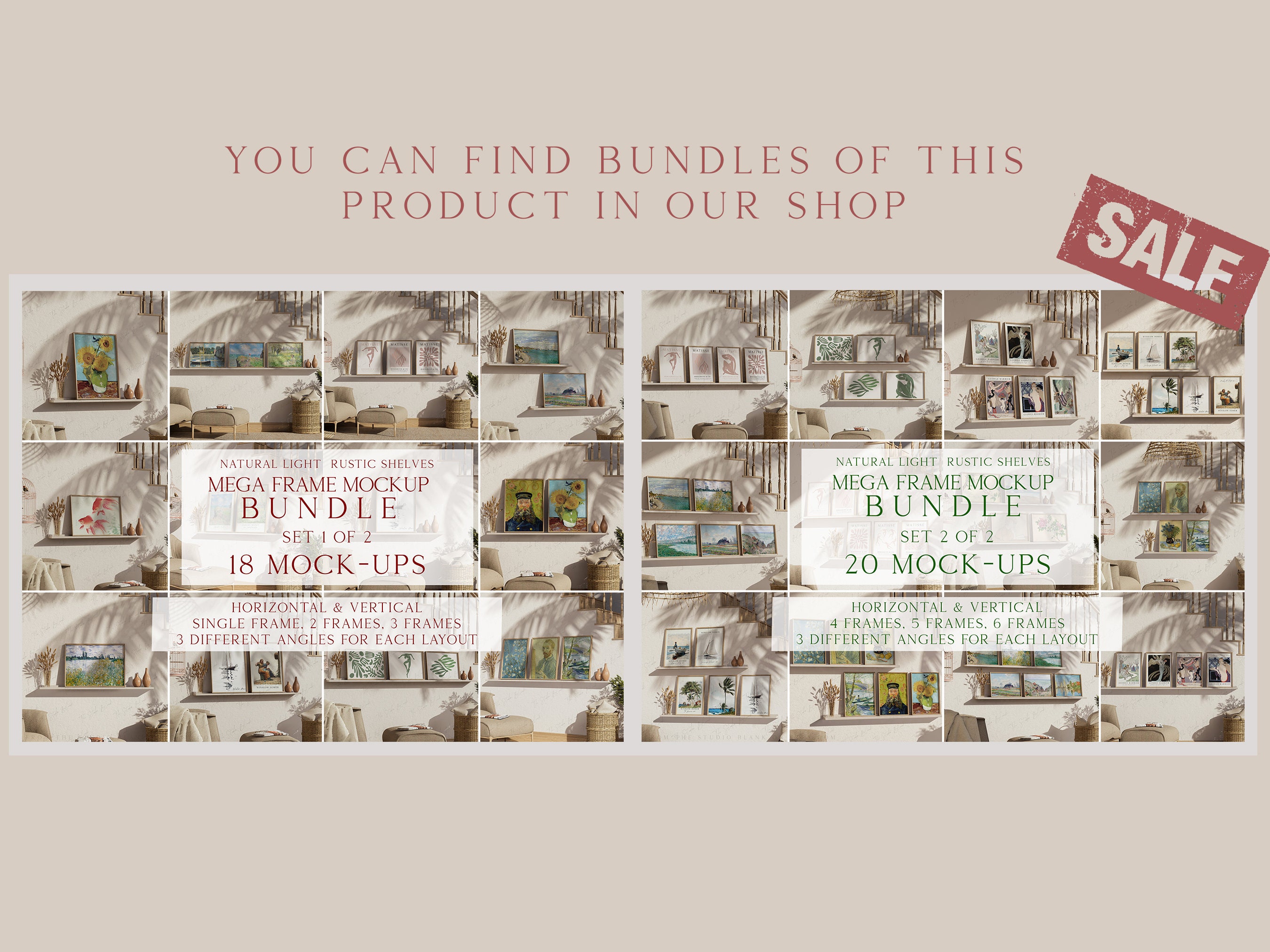 6 Frames Gallery Wall Mockup, Set of 6 Mock-up, Wood Frames Wall Mockup ...