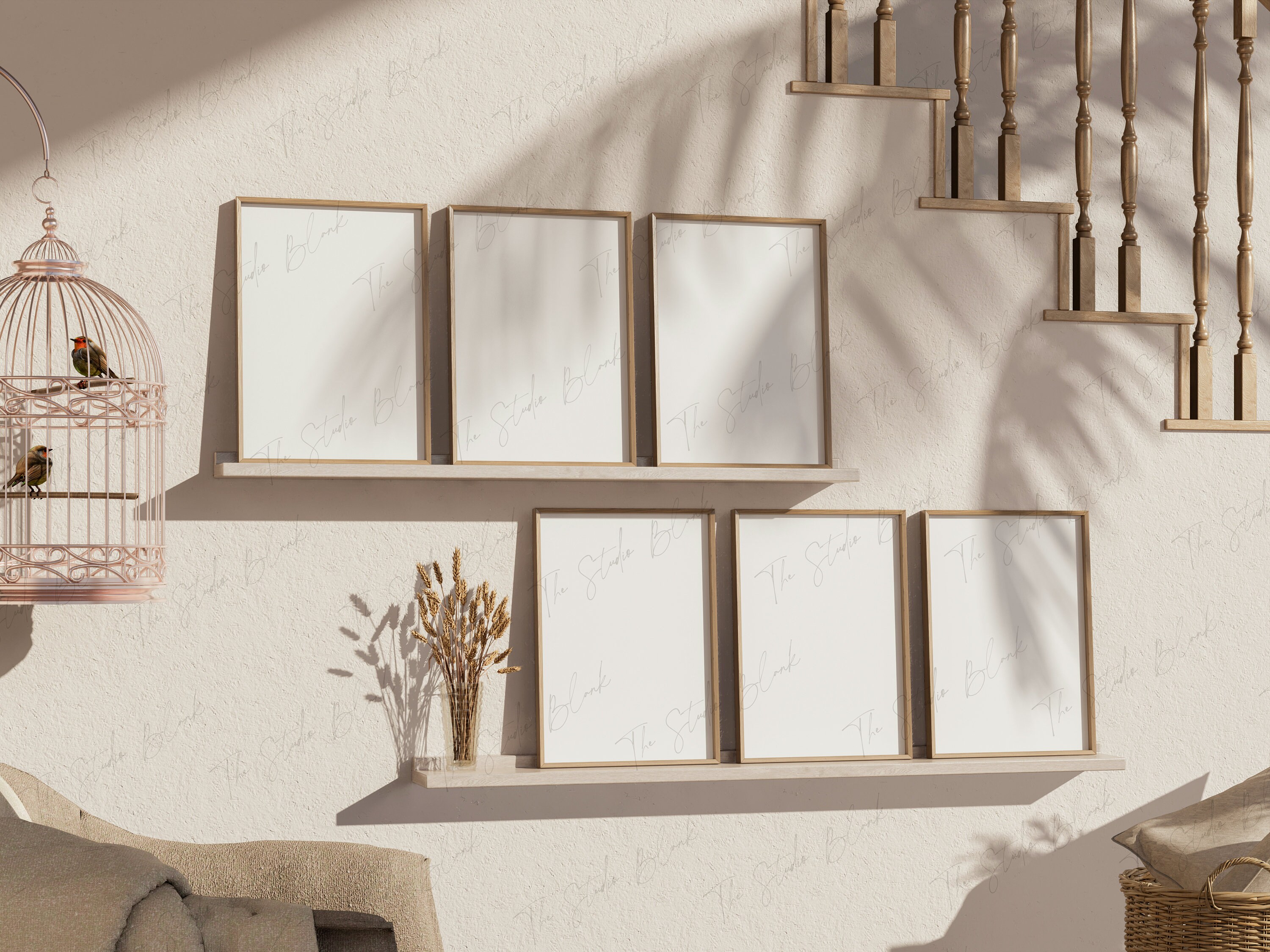 6 Frames Gallery Wall Mockup, Set of 6 Mock-up, Wood Frames Wall Mockup ...