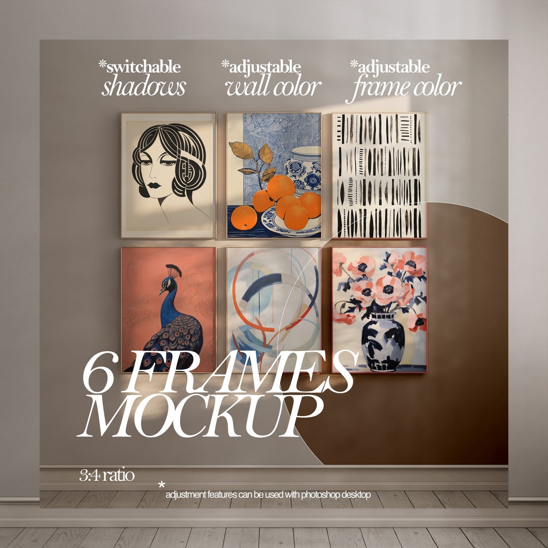 6 Frames Mockup, Gallery Wall Mockup, Wall Frame Color Adjustable Mock ...