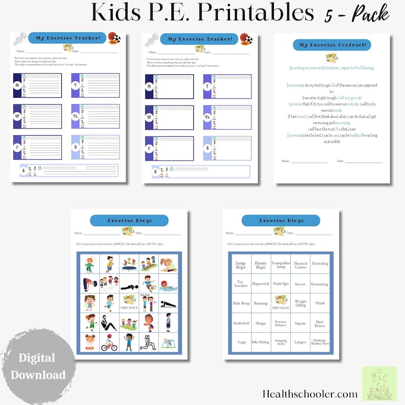 Kids Exercise Trackers and Games for P.E. - Printable Blue Plus Water ...