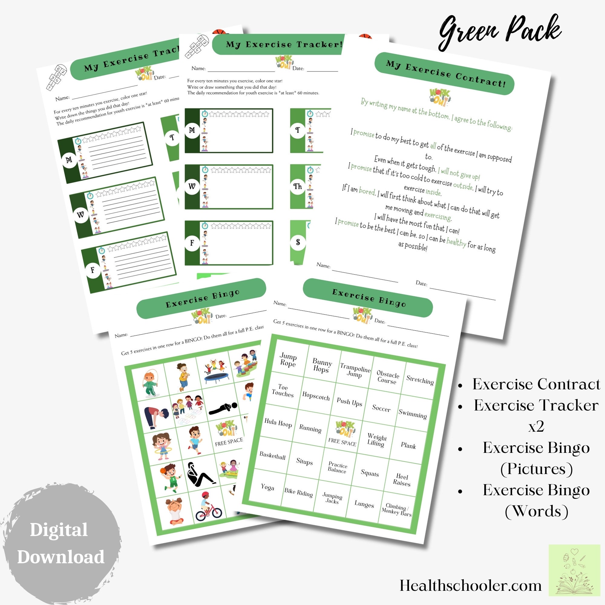 Kids Exercise Trackers and Games for P.E. - Printable Green Plus Water ...