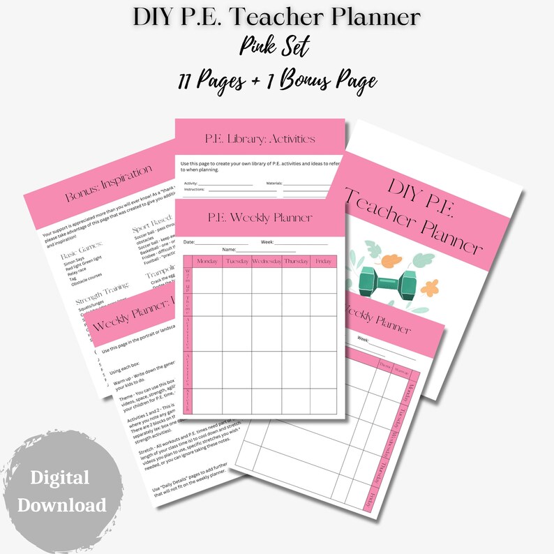 Pink DIY P.E. Teacher Planner for Homeschool and Home Exercise for Kids ...