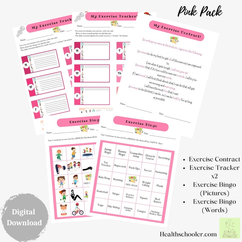 Kids Exercise Trackers and Games for P.E. - Printable Pink Plus Water ...