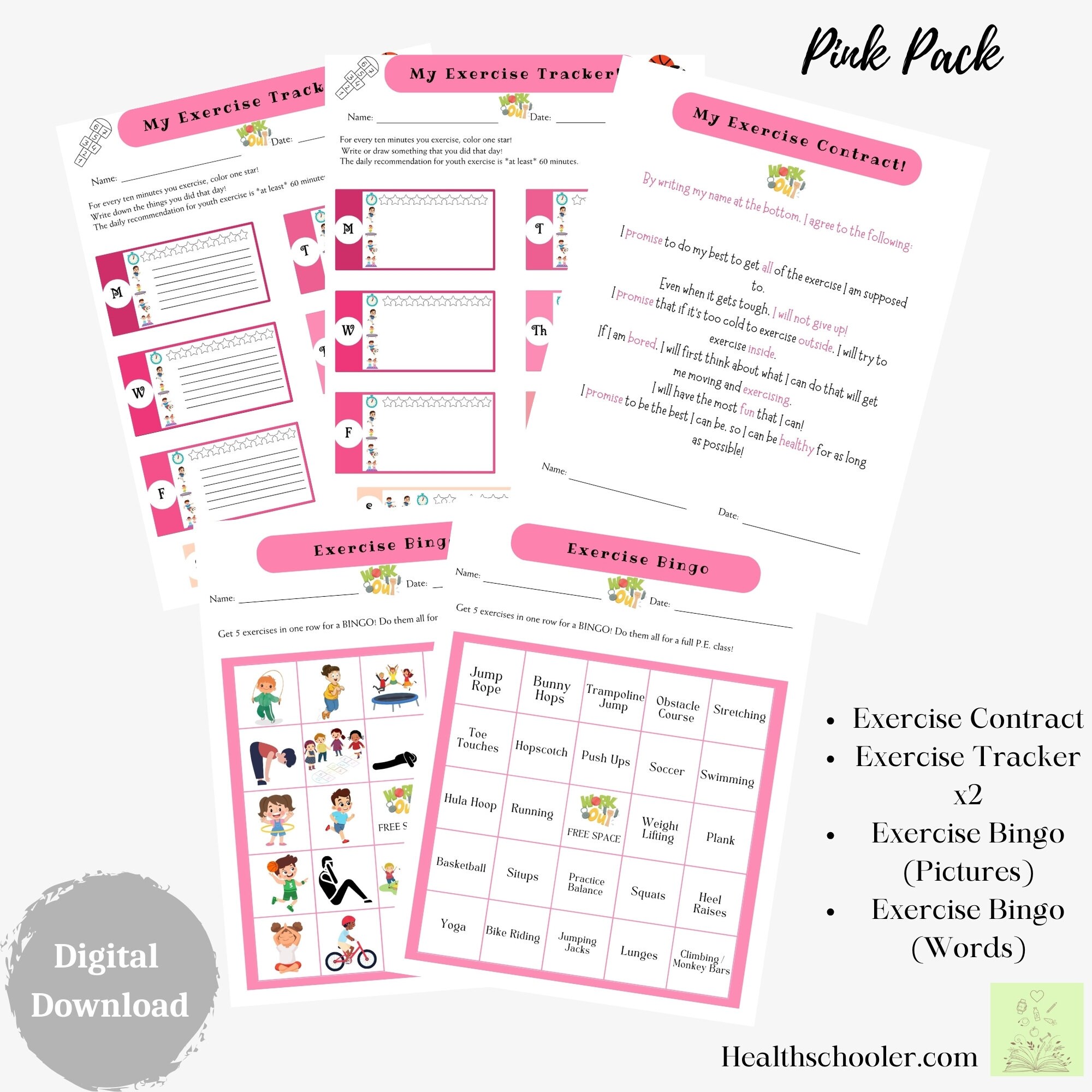 Kids Exercise Trackers and Games for P.E. - Printable Pink Plus Water ...