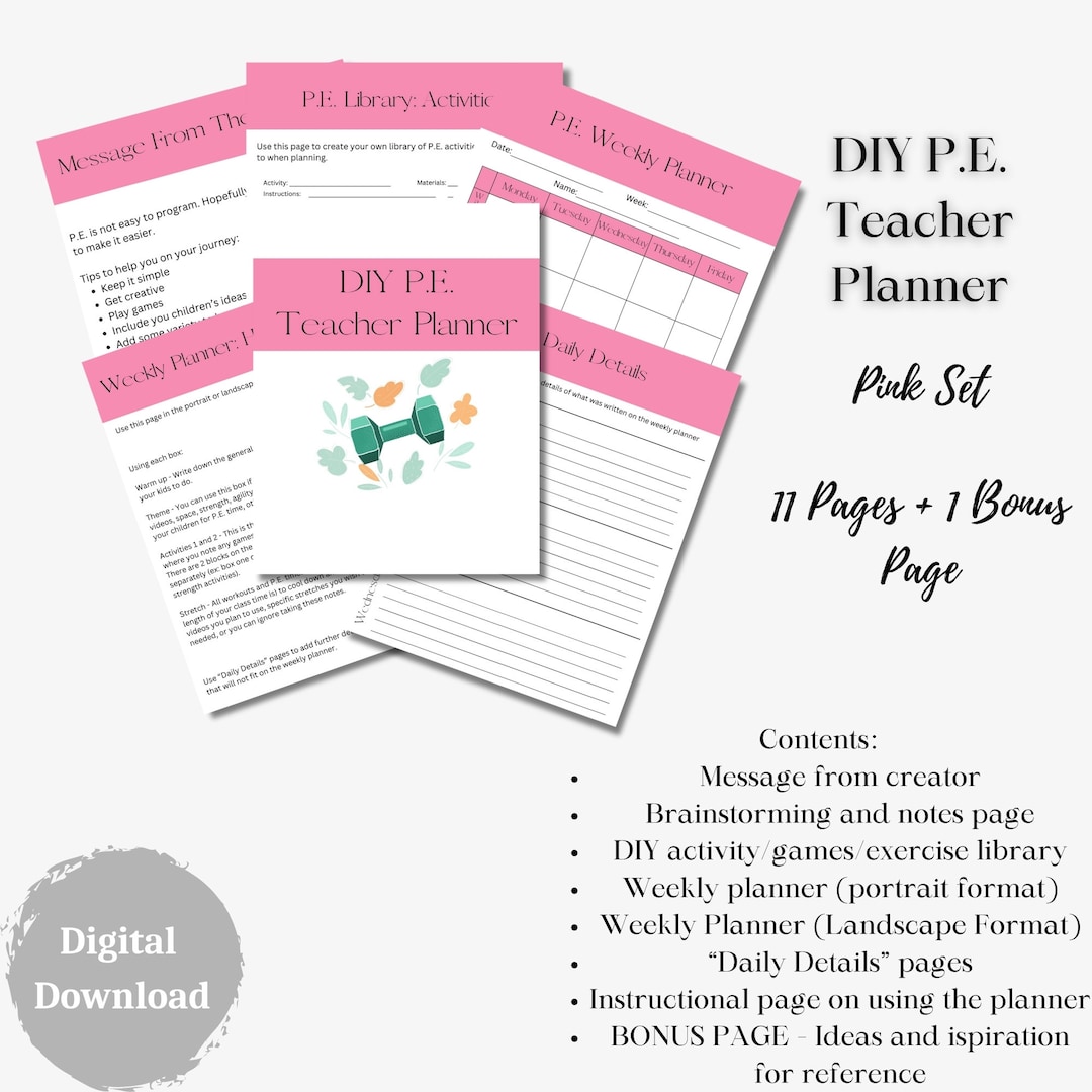 Pink DIY P.E. Teacher Planner for Homeschool and Home Exercise for Kids ...
