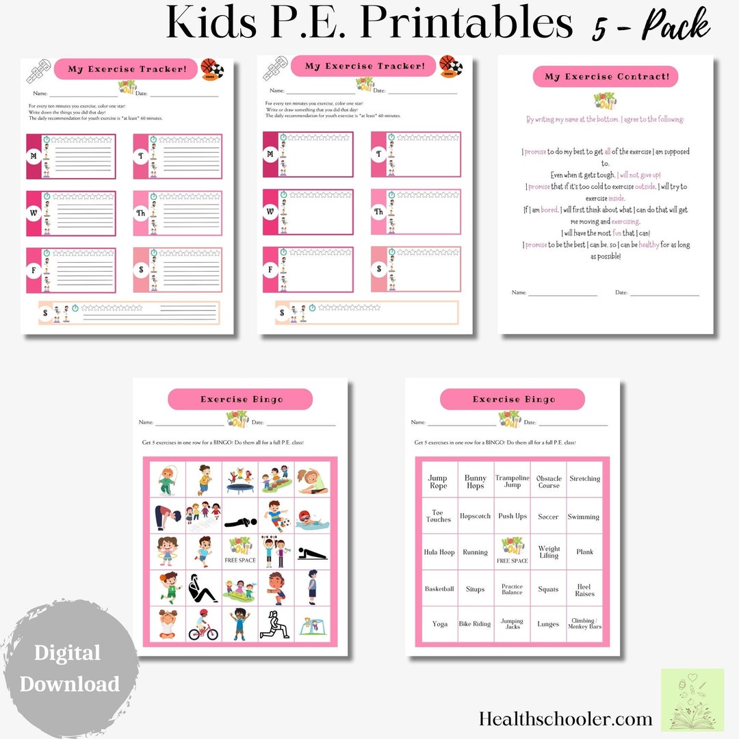 Kids Exercise Trackers and Games for P.E. - Printable Pink Plus Water ...