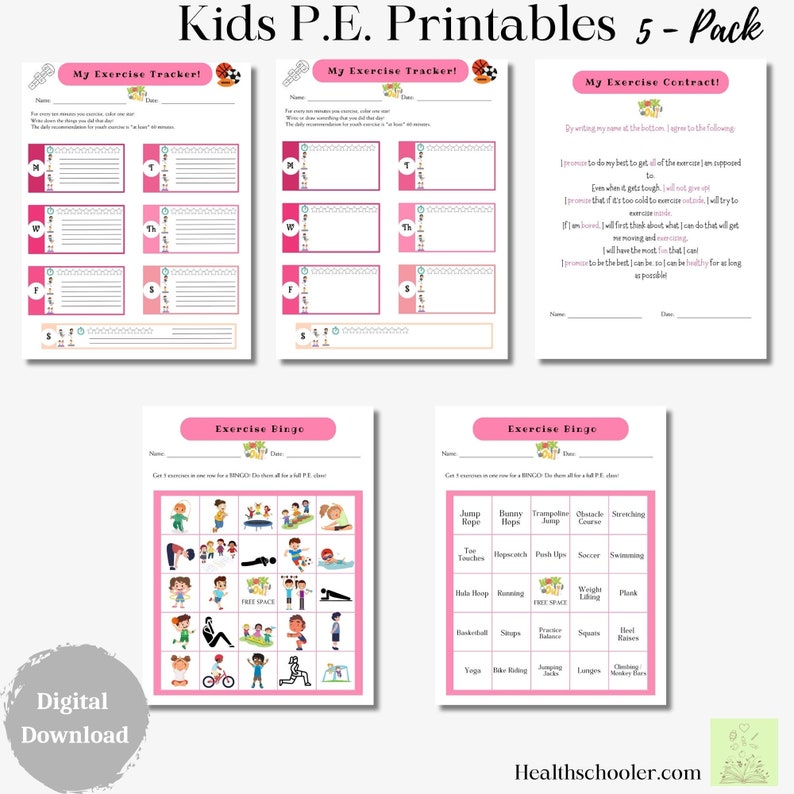 Kids Exercise Trackers and Games for P.E. - Printable Pink Plus Water ...