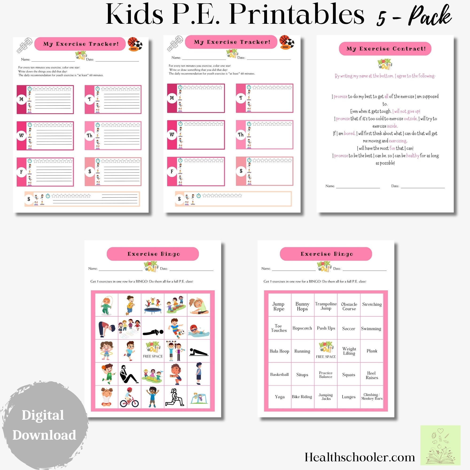 Kids Exercise Trackers and Games for P.E. - Printable Pink Plus Water ...