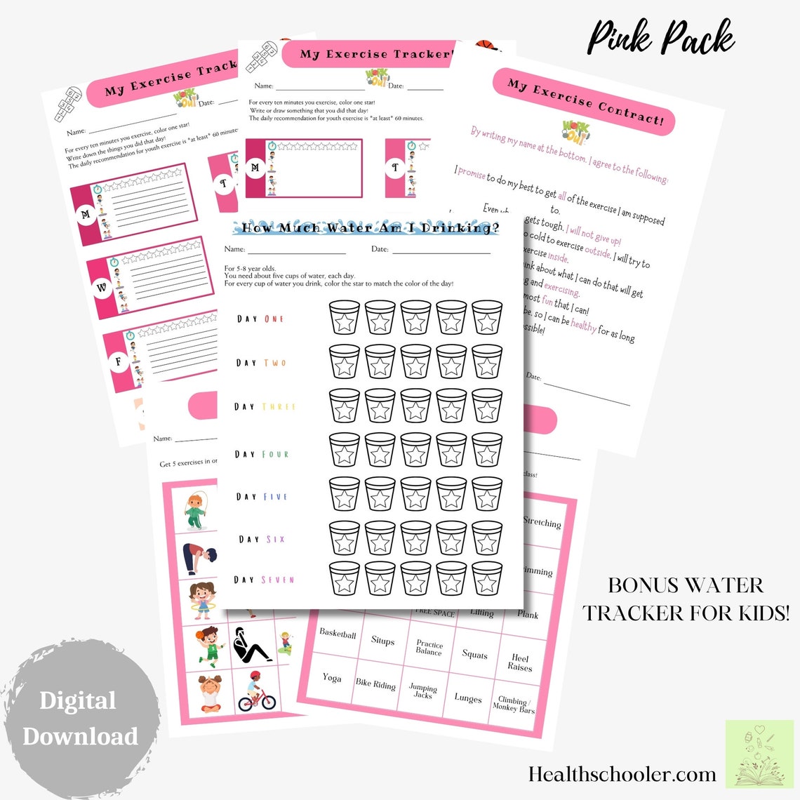 Kids Exercise Trackers and Games for P.E. - Printable Pink Plus Water ...