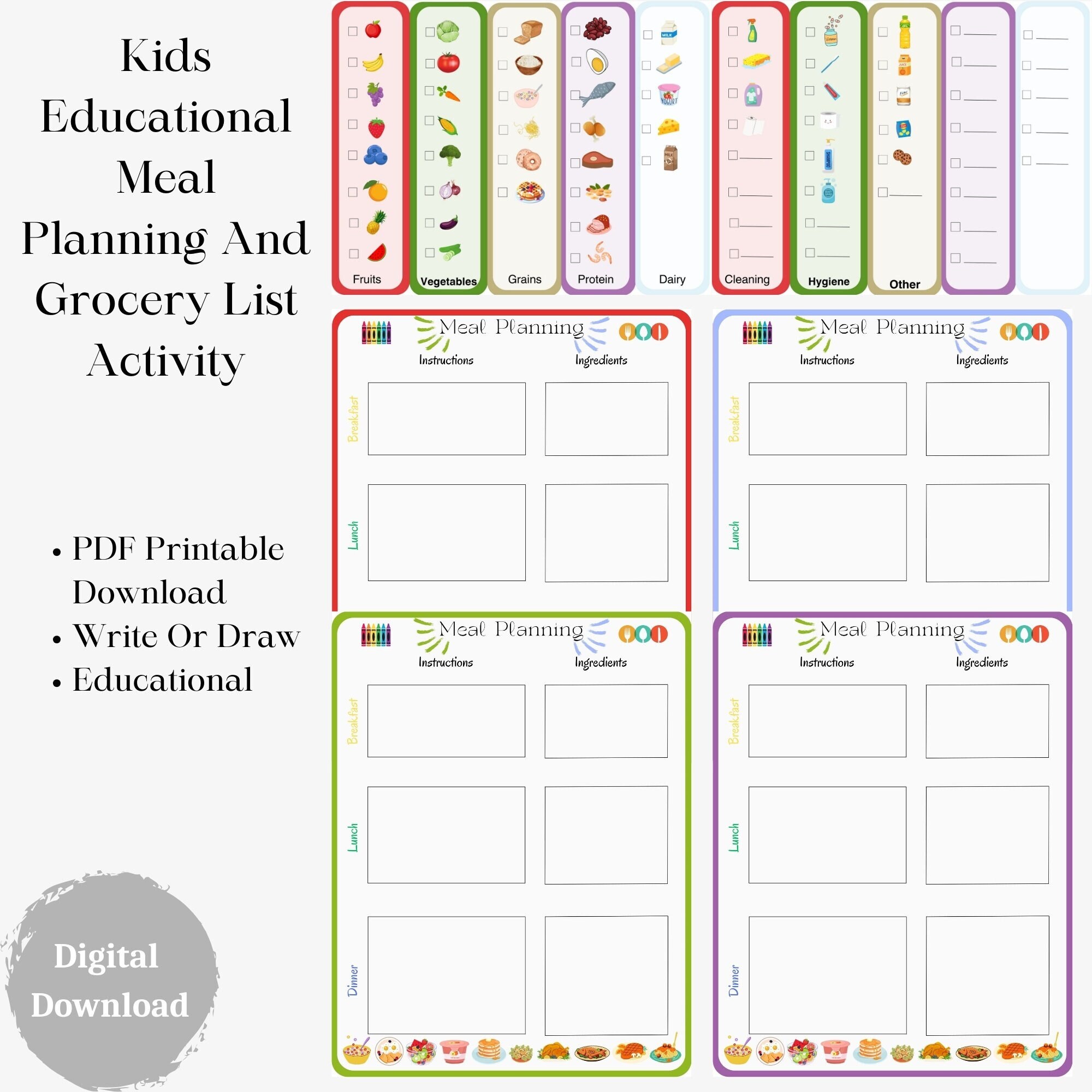 Printable Educational Meal Planner and Grocery List Activity Set for ...