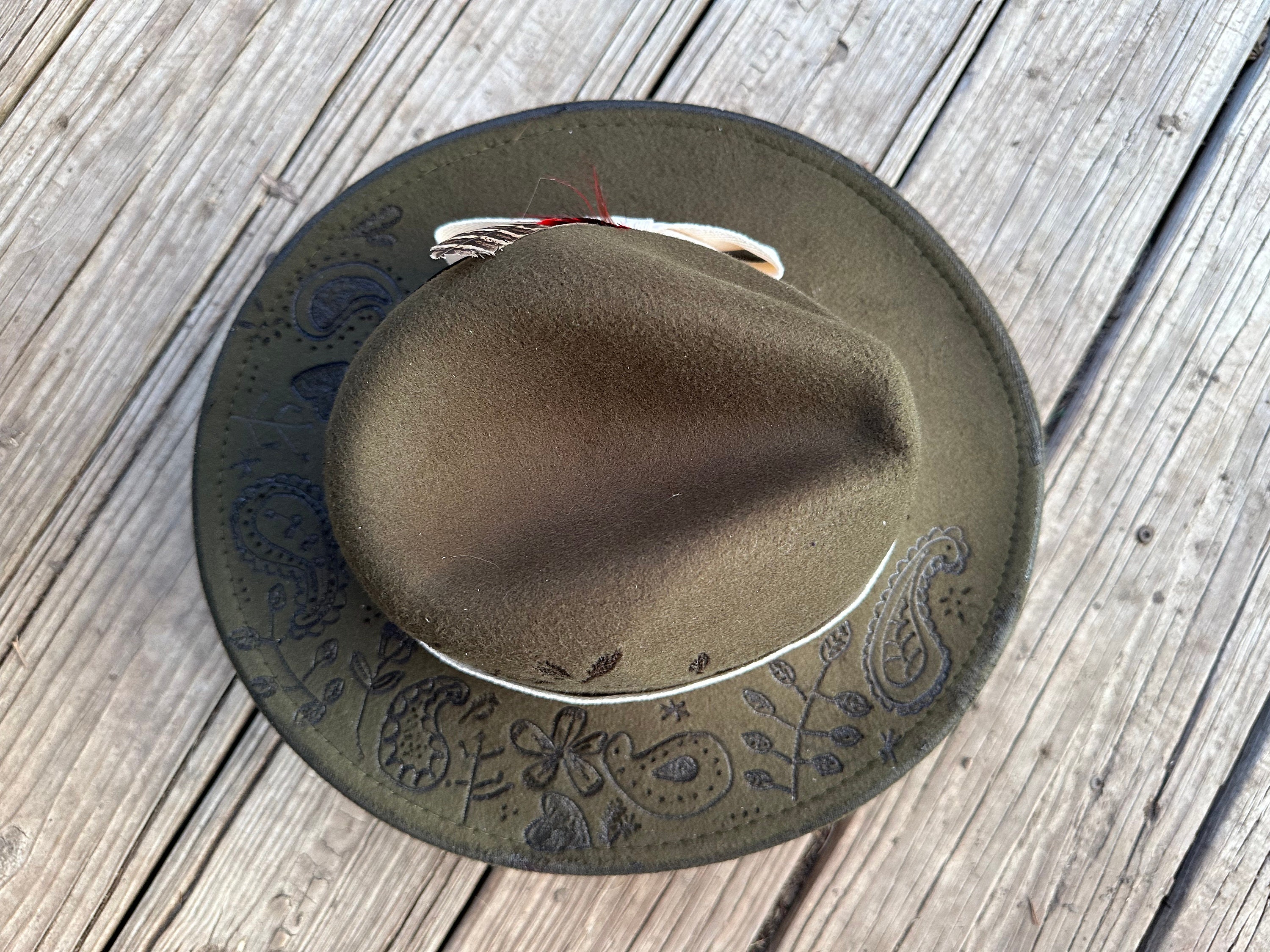 Burned Fedora, Olive Green Hat, Pyrography, Adjustable Size, Christmas ...