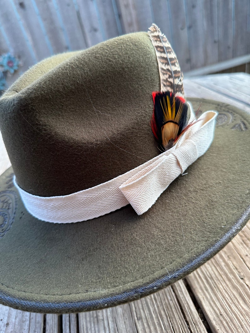 Burned Fedora, Olive Green Hat, Pyrography, Adjustable Size, Christmas ...