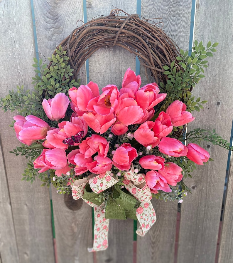 Tulip Wreath: Pink Floral Grapevine Wreath, Spring Summer Decor - Etsy