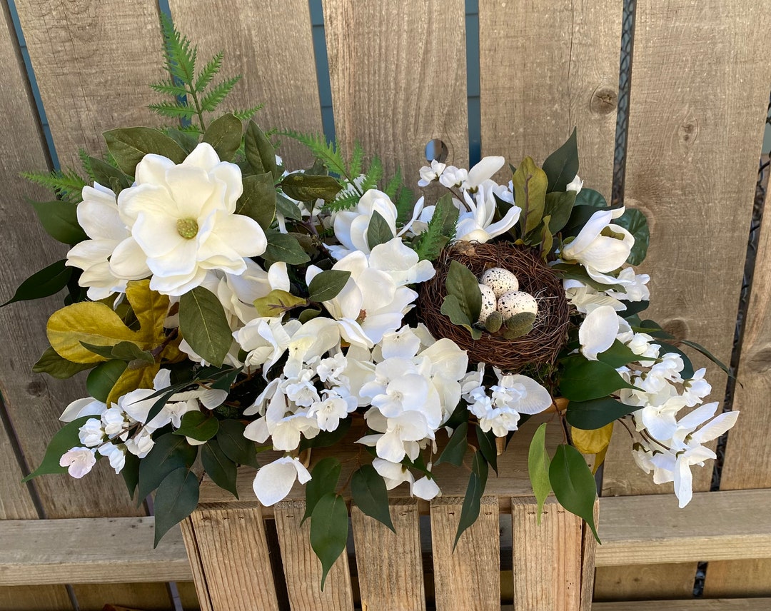 Magnolia & Bird Nest Table Arrangement: Low Profile Floral Centerpiece ...