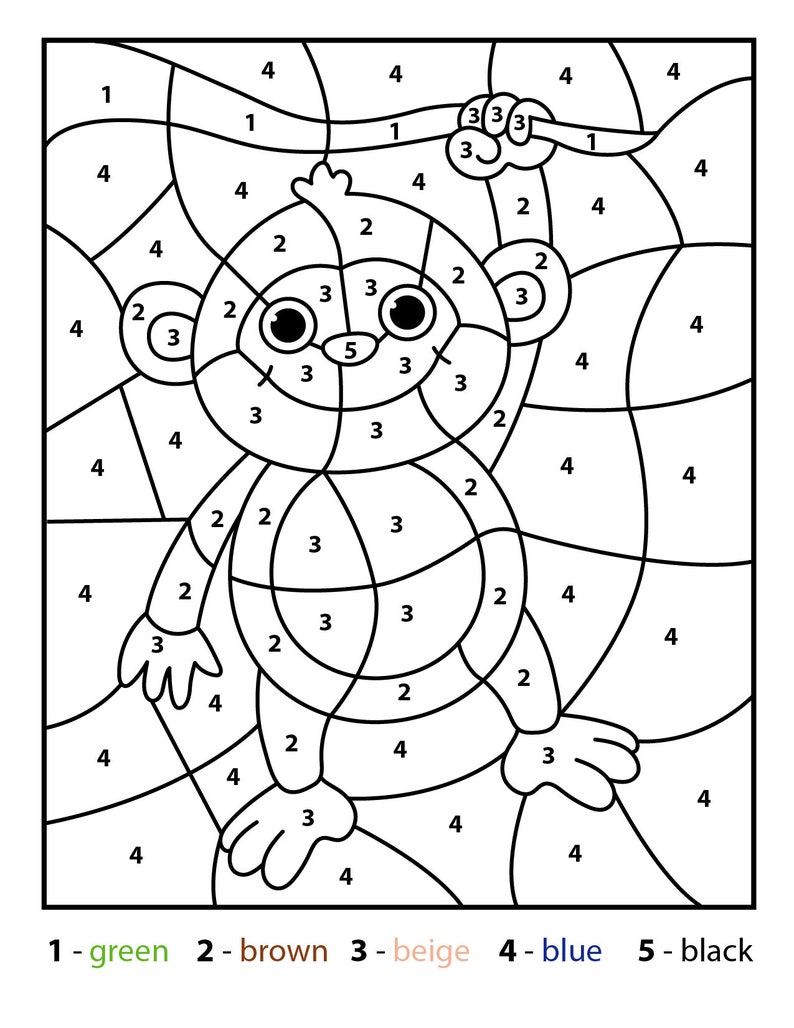 Monkey Color by Number Kids Printable, Various Theme Coloring Pages for ...