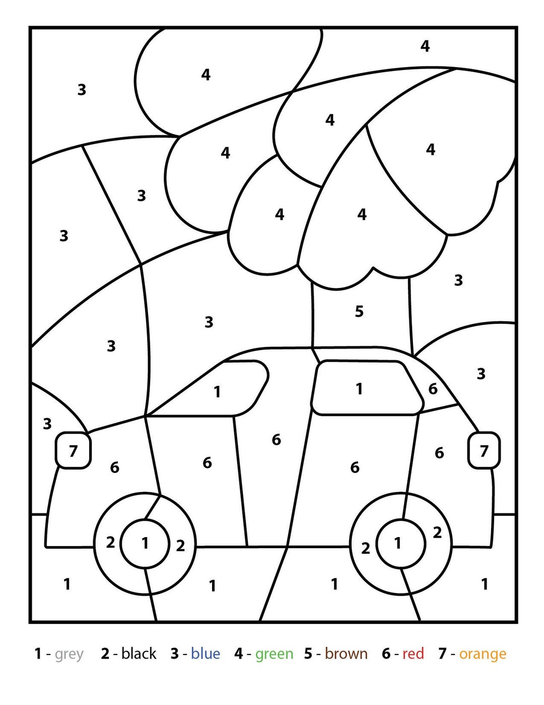 Car Color by Number Kids Printable, Various Theme Coloring Pages for ...