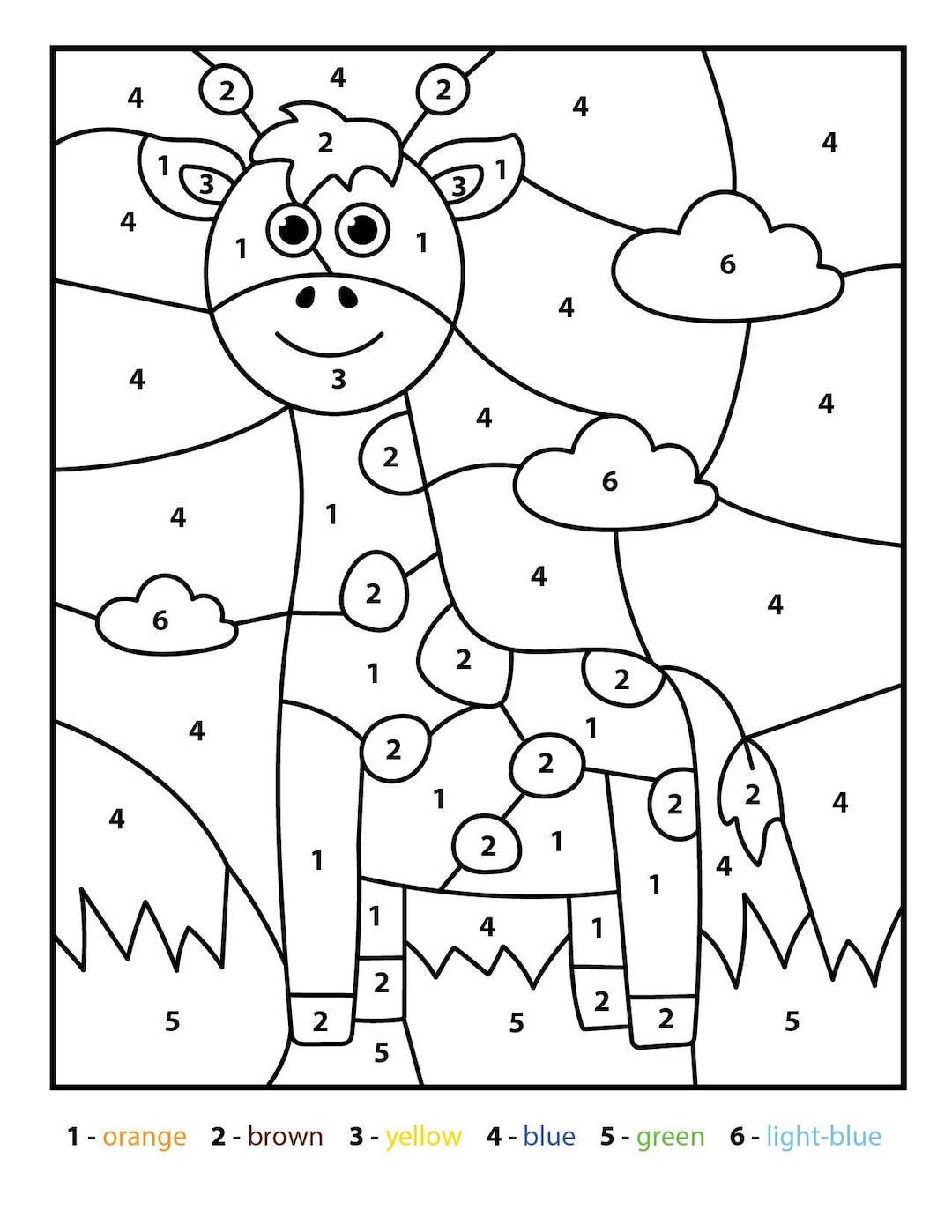 Giraffe Color by Number Kids Printable Various Theme Coloring - Etsy