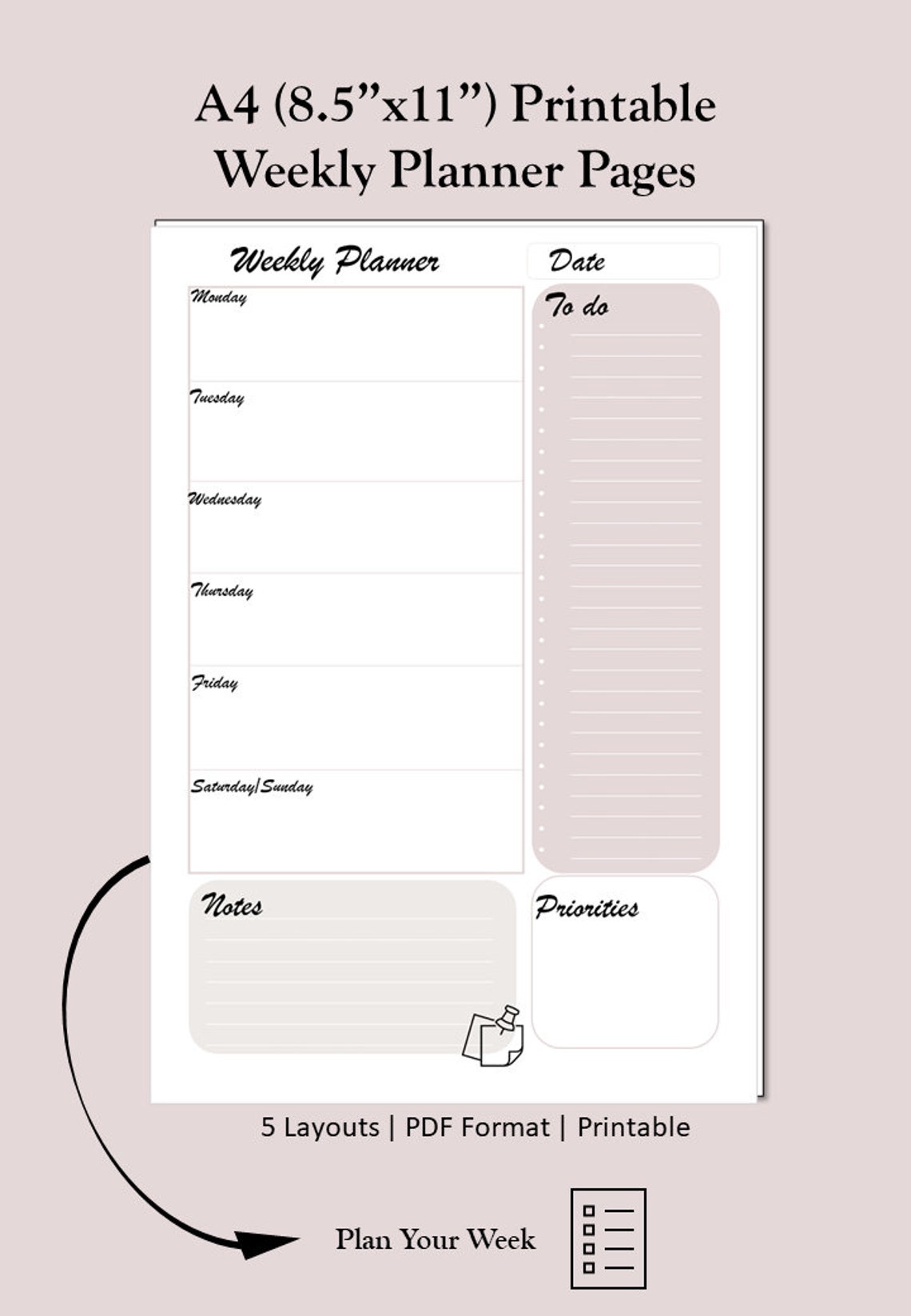 Weekly Planner PDF Printable A4 Size Planner Weekly | Etsy