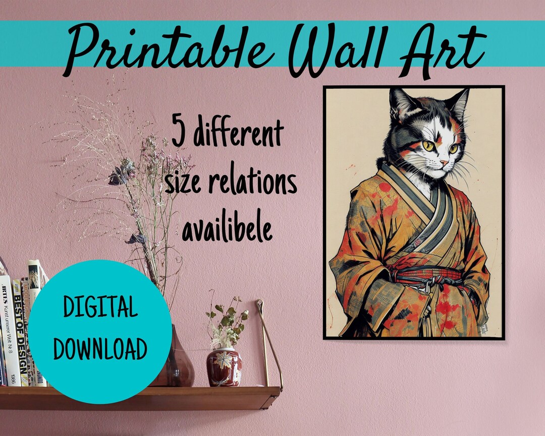 Samurai Cat Poster Japanese Art Printable Digital Download Wall Art ...