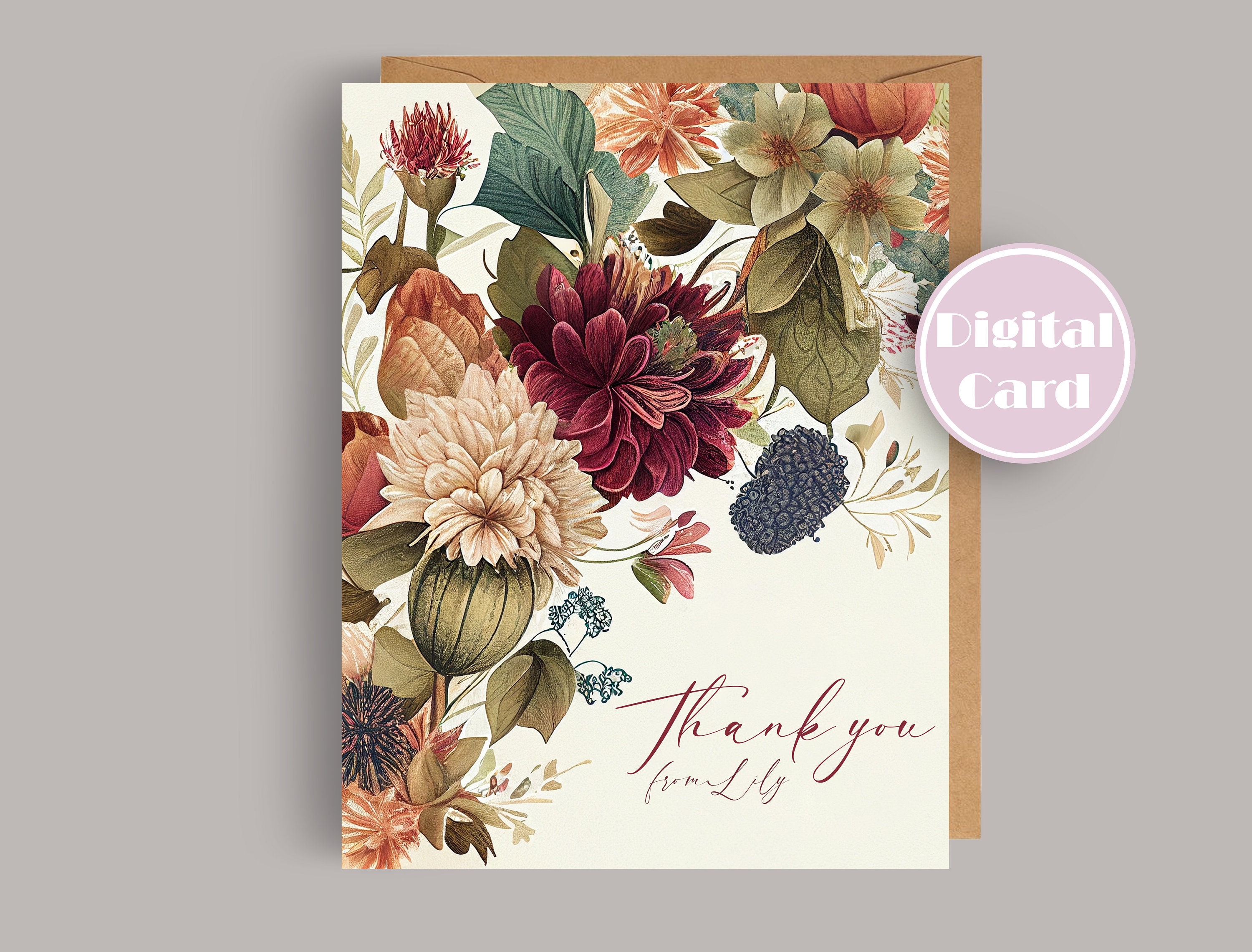 Thank You Card Digital Downloadable, Cute Floral Art, Digital Card ...