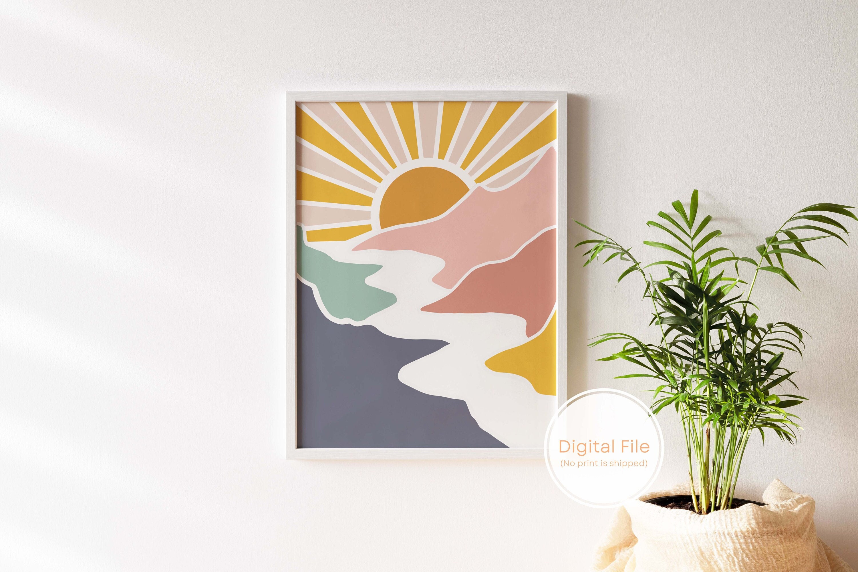 Boho Sun Wall Art, Modern Digital Download, Abstract Path, Mountains ...