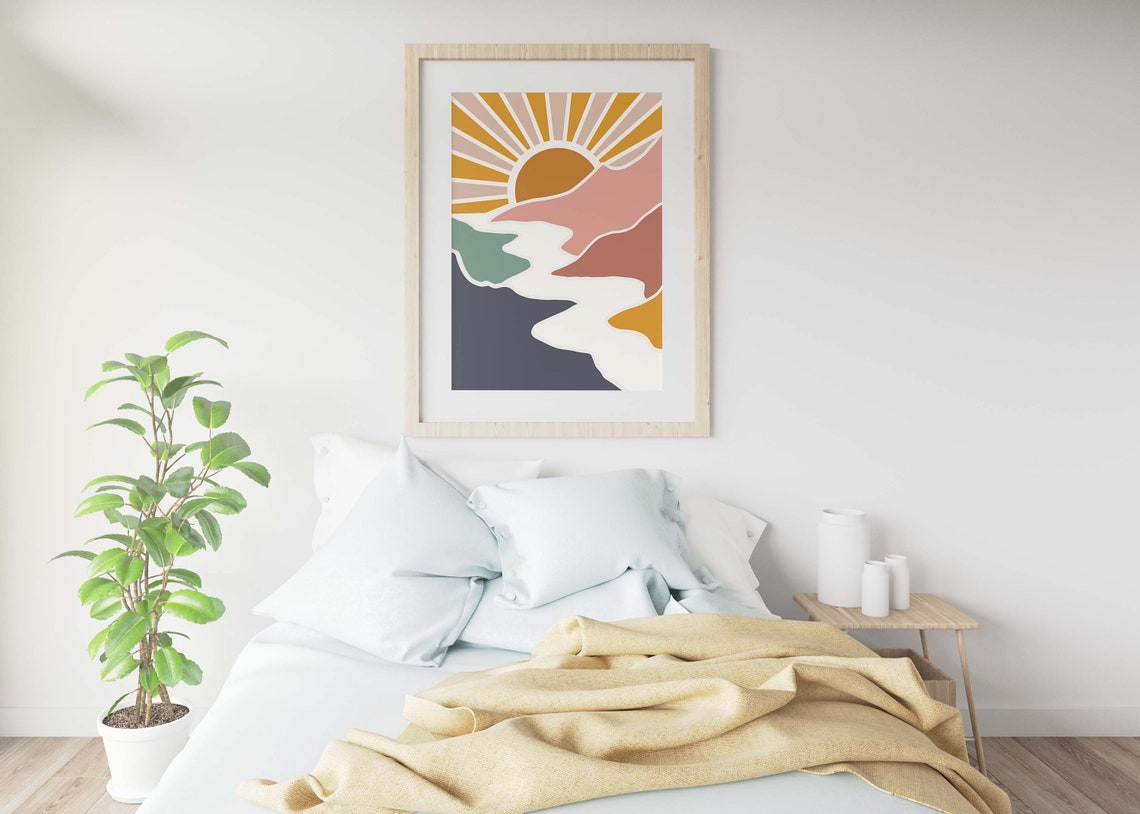 Boho Sun Wall Art, Modern Digital Download, Abstract Path, Mountains ...