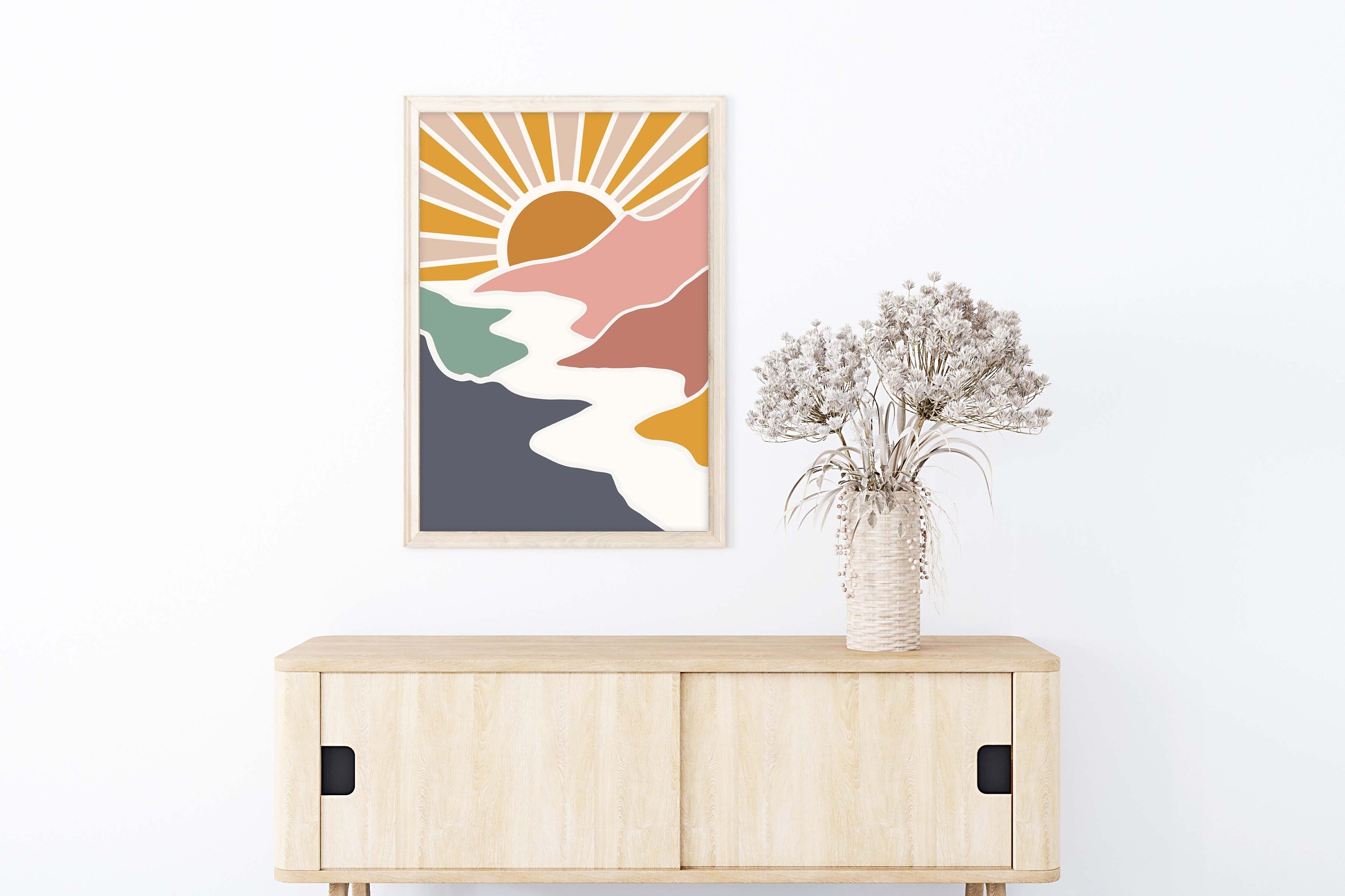 Boho Sun Wall Art, Modern Digital Download, Abstract Path, Mountains ...