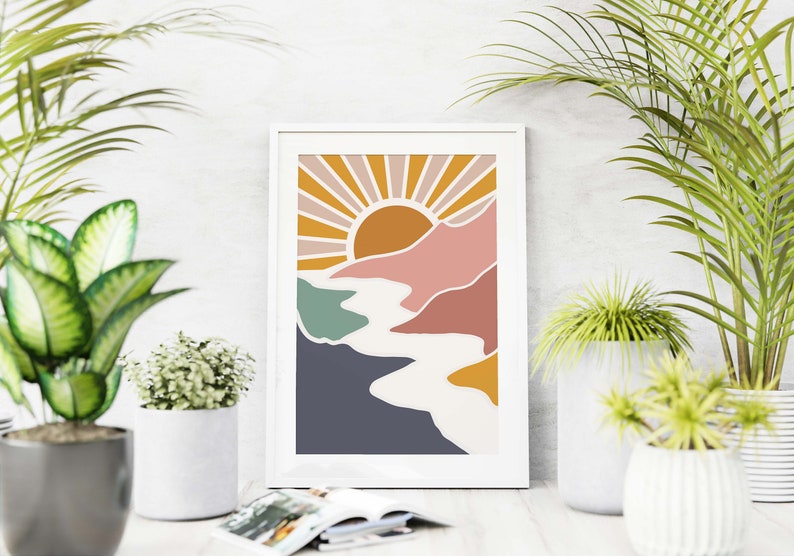 Boho Sun Wall Art, Modern Digital Download, Abstract Path, Mountains ...