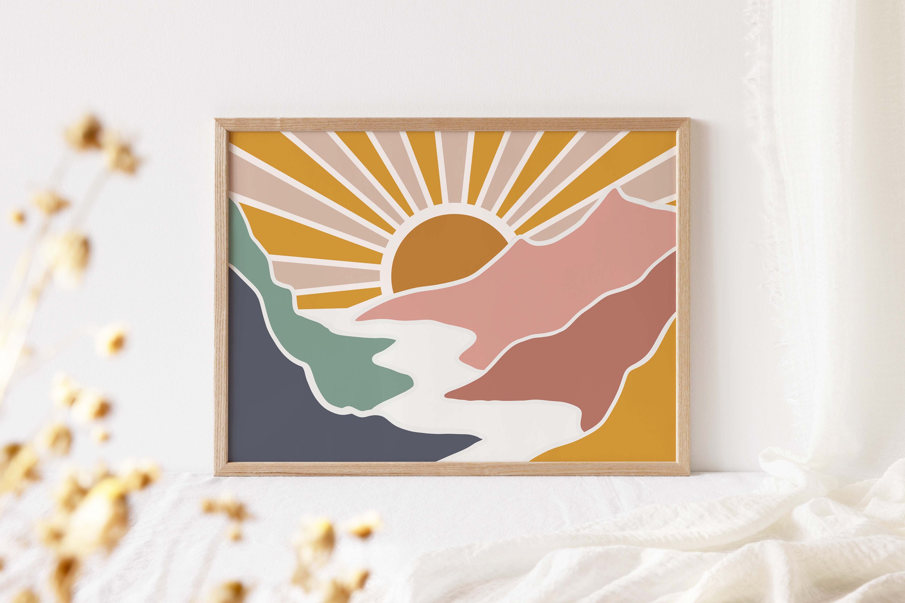 Boho Sun Wall Art, Modern Digital Download, Abstract Path, Mountains ...