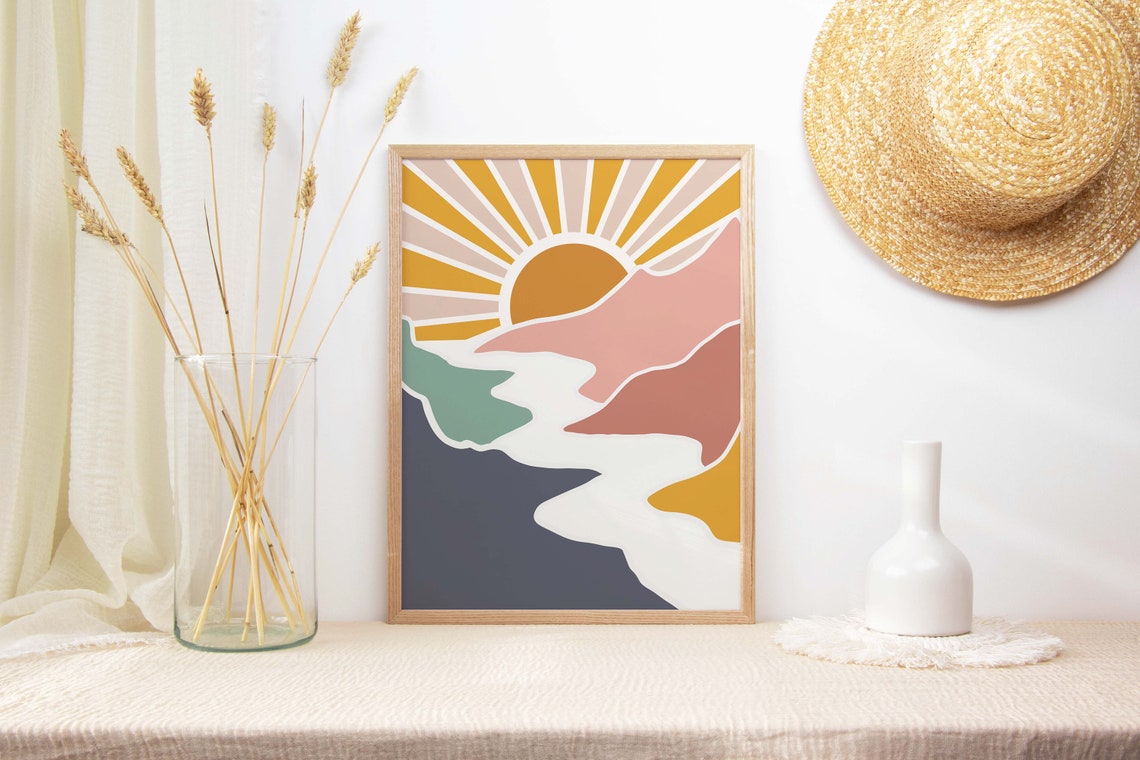 Boho Sun Wall Art, Modern Digital Download, Abstract Path, Mountains ...