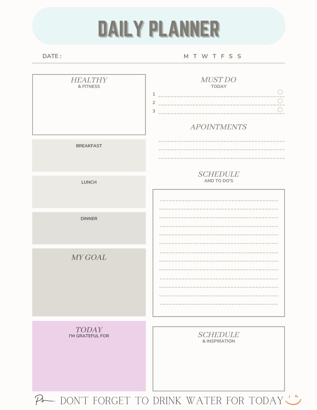 Printable Daily to Do List, Planner, Goals of the Day Water Reminder - Etsy