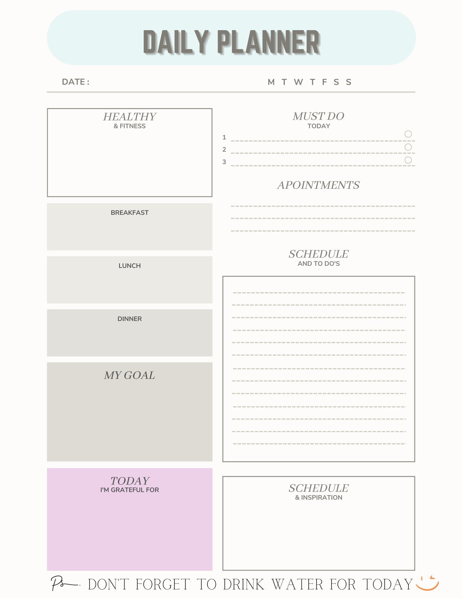 Printable Daily to Do List, Planner, Goals of the Day Water Reminder - Etsy