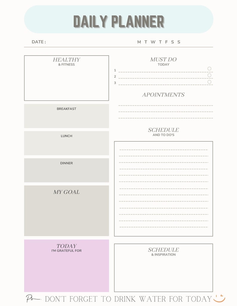 Printable Daily to Do List, Planner, Goals of the Day Water Reminder - Etsy